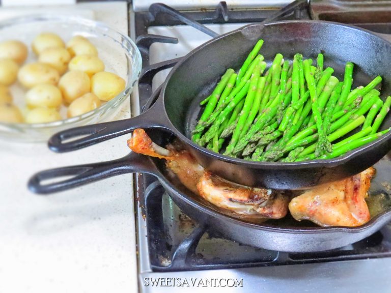 Chicken under a skillet with asparagus and potatoes - Sweet Savant